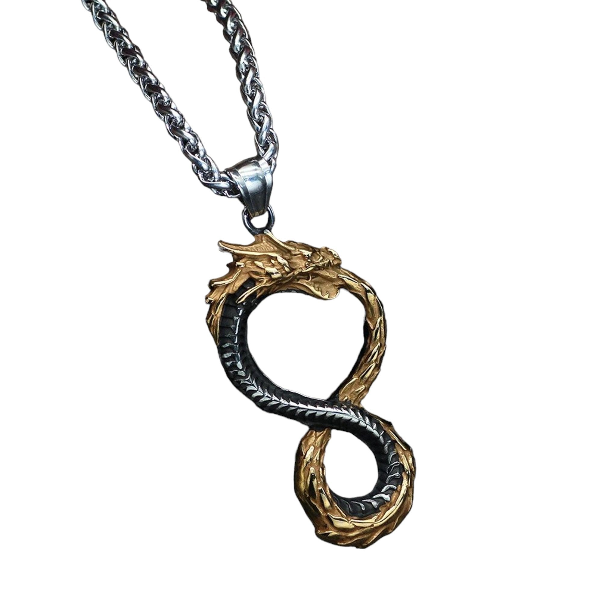 Infinity Ouroboros Necklace Gold Stainless Steel Serpent Dragon Pendan