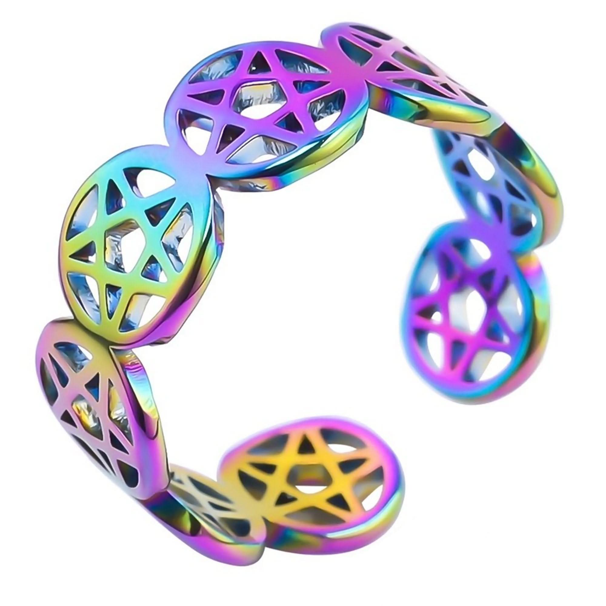 Rainbow Star Pentacle Ring 316L Stainless Steel Open Adjustable Pentag
