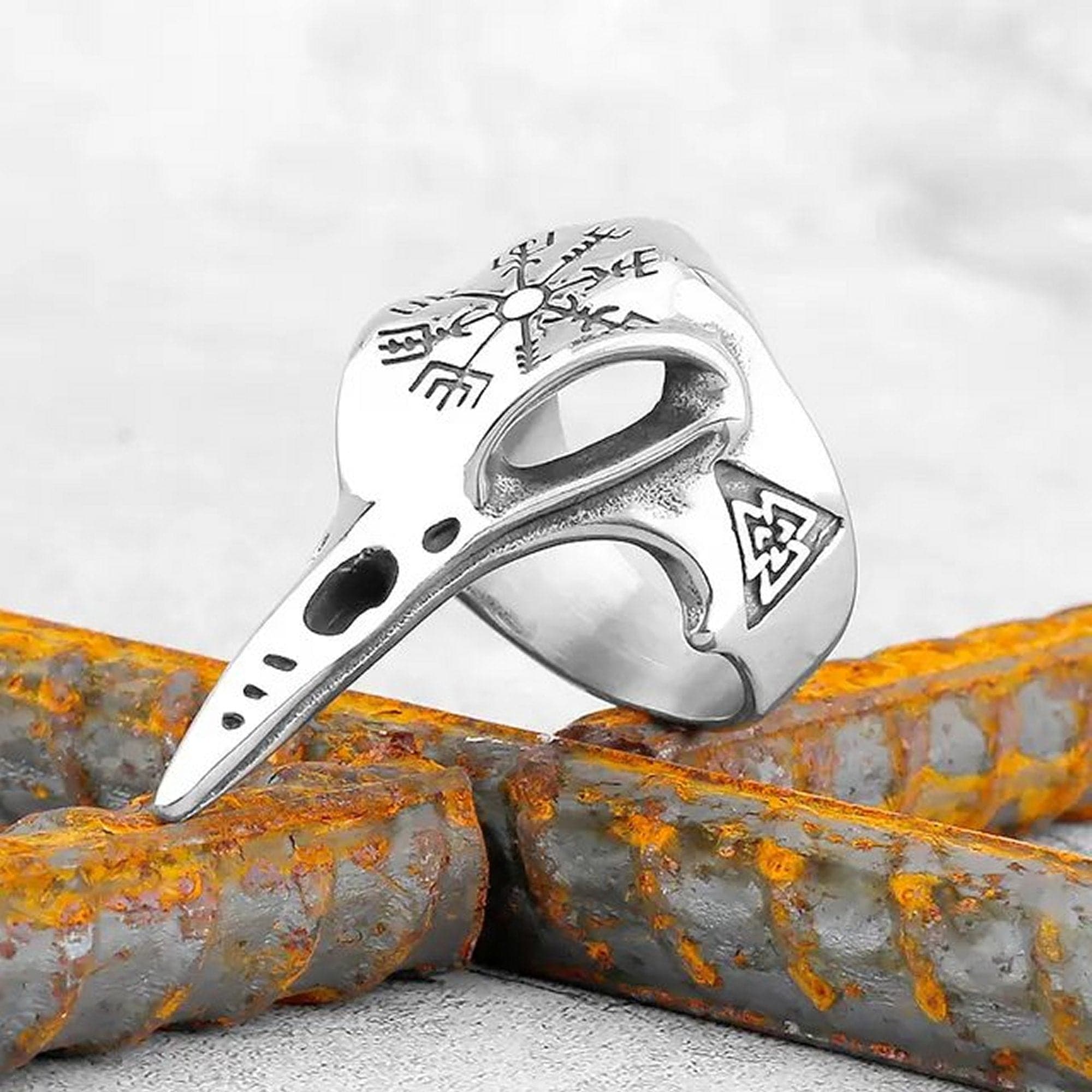 Raven Skull Viking Ring Silver 316L Stainless Steel Norse Valknut Crow