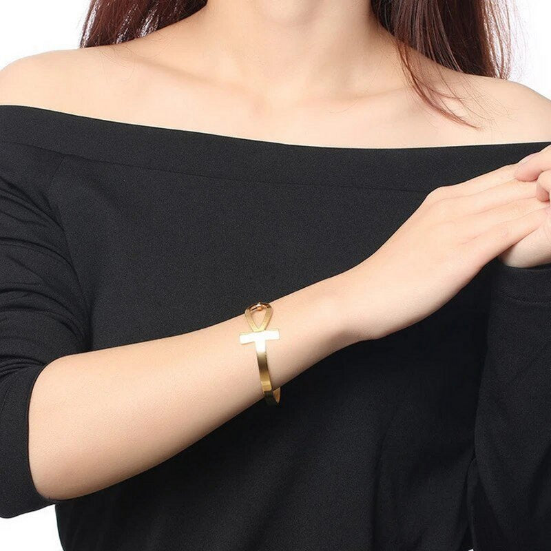 Egyptian Ankh Cuff Bracelet Gold PVD Stainless Steel Aunk Bangle