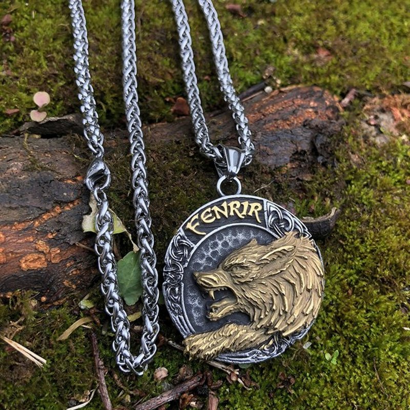 Fenrir Wolf Necklace Stainless Steel Helm of Awe Viking Pendant