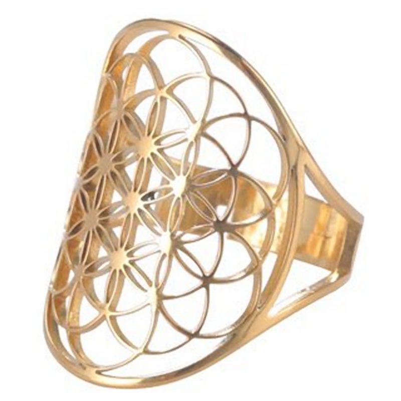 Flower of Life Ring Gold Stainless Steel Spiritual Sacred Geometry Boh