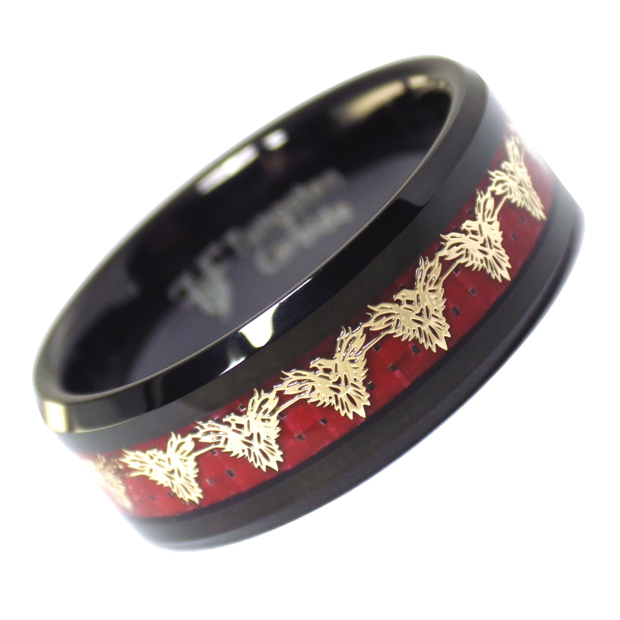 Gold Firebird Phoenix Black Tungsten Ring with Red Carbon Fiber