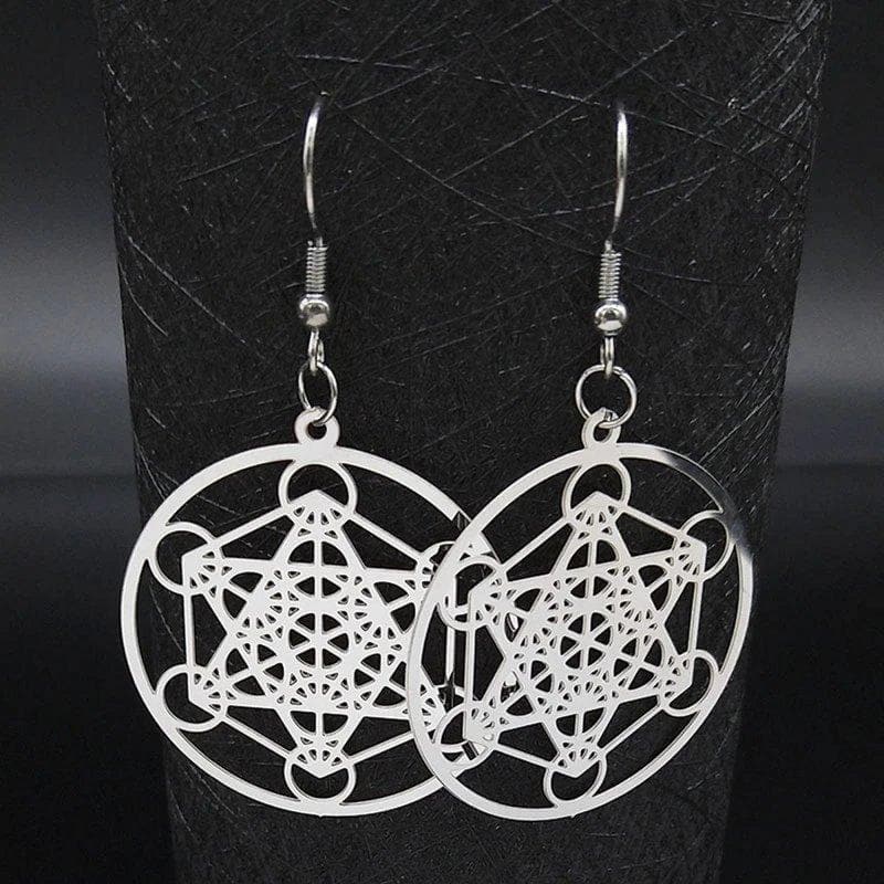 Metatrons Cube Earrings Stainless Steel Sacred Geometry Dangle Drops