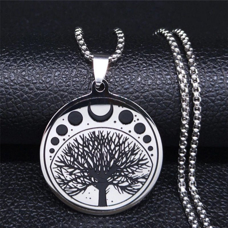 Sacred Tree Necklace Stainless Steel Moon Phase Amulet