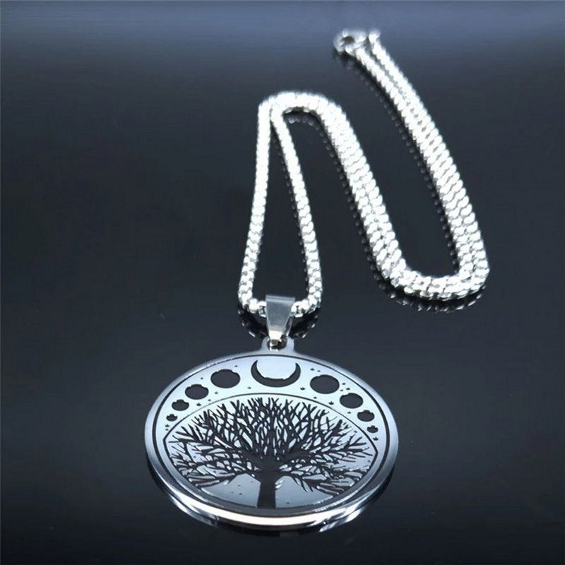 Sacred Tree Necklace Stainless Steel Moon Phase Amulet