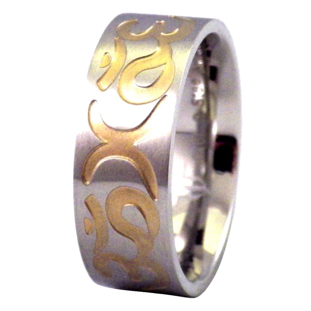 Stainless Steel Ring w/Gold Aum and Crescent Moon Symbols