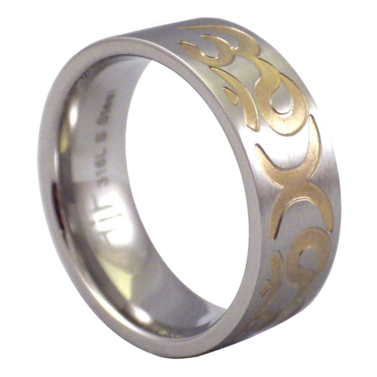 Stainless Steel Ring w/Gold Aum and Crescent Moon Symbols