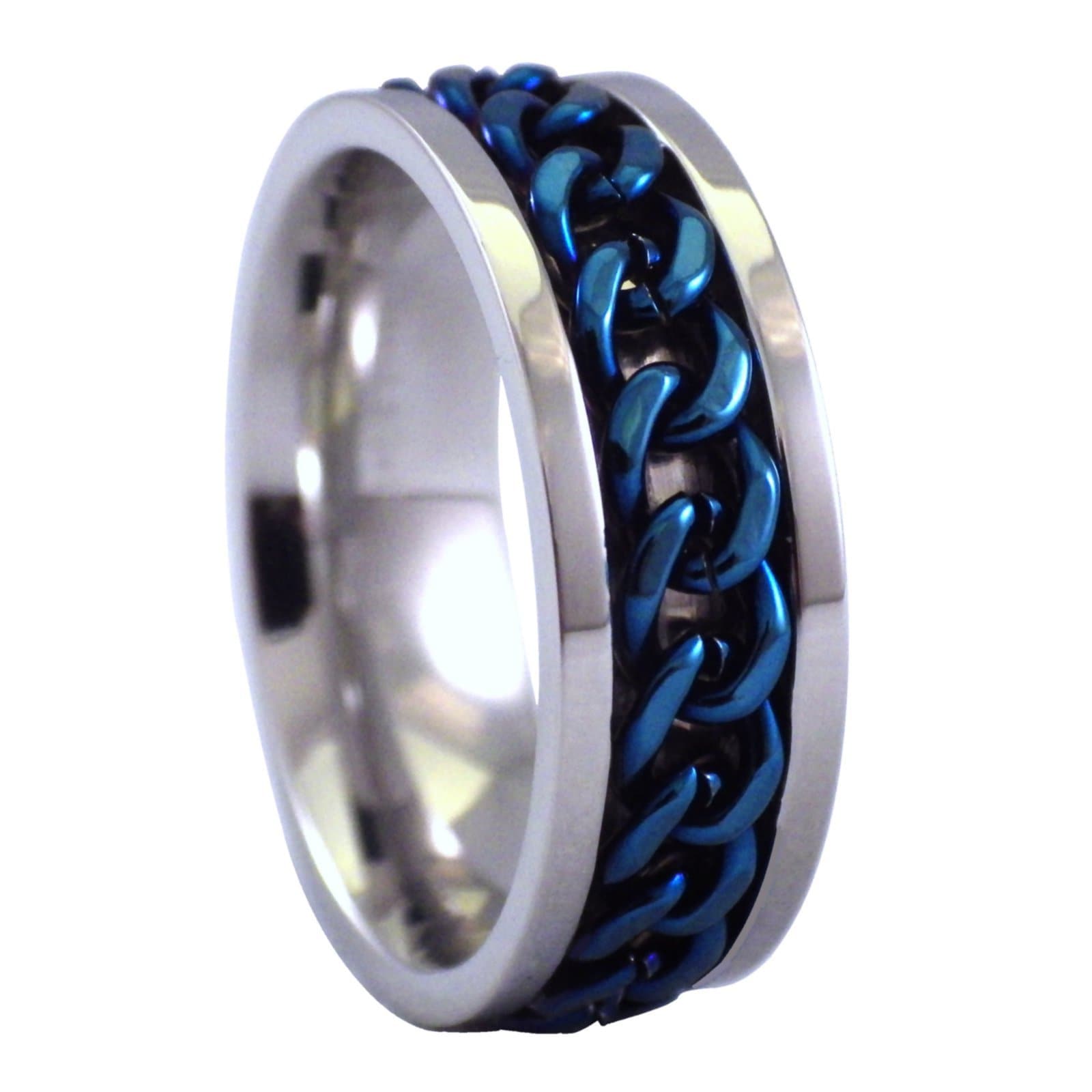 Two-Tone Electric Blue Chain Stainless Steel Spinner Ring