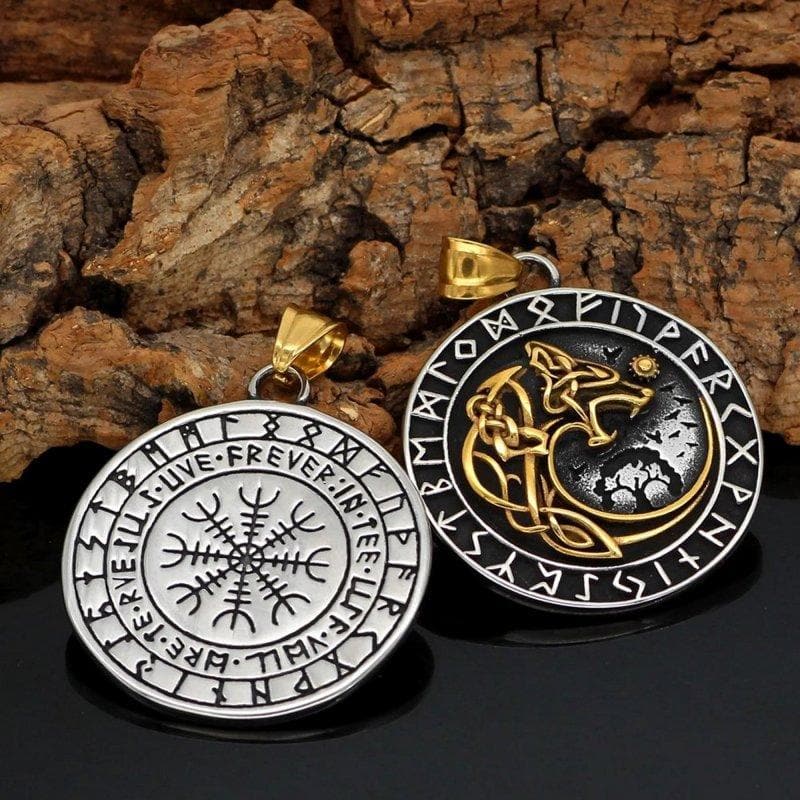 Viking Fenrir Necklace Gold Stainless Steel Norse Rune Wolf Pendant