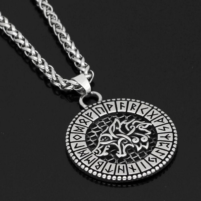 Viking Fenrir Necklace Stainless Steel Norse Wolf Rune Pendant