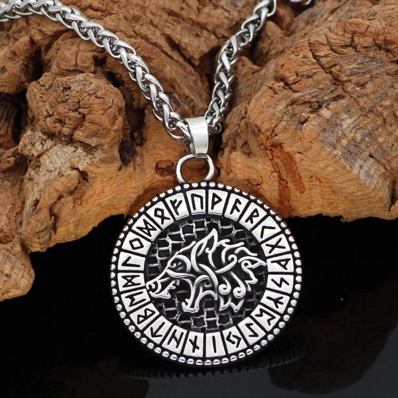 Viking Fenrir Necklace Stainless Steel Norse Wolf Rune Pendant